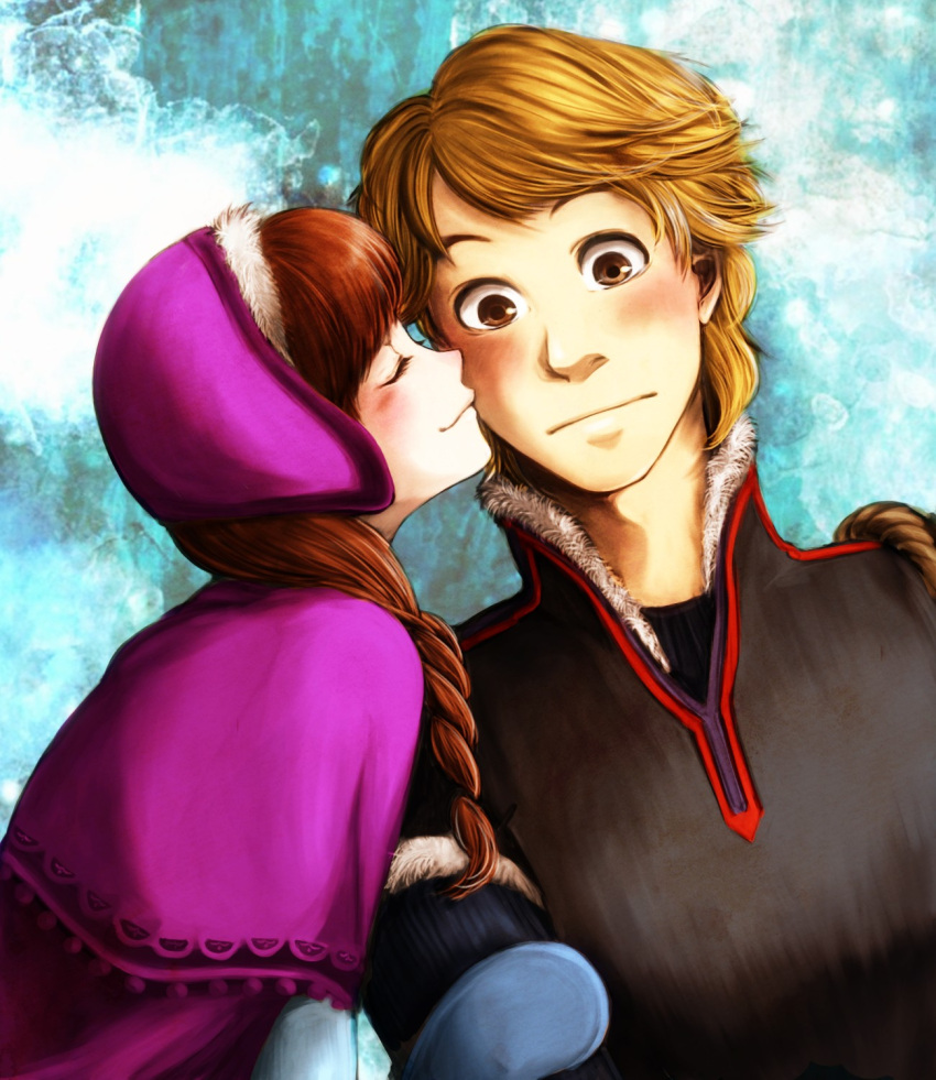 Safebooru - 1boy 1girl anna (frozen) blonde hair blush braid brown eyes capelet cheek kiss ...
