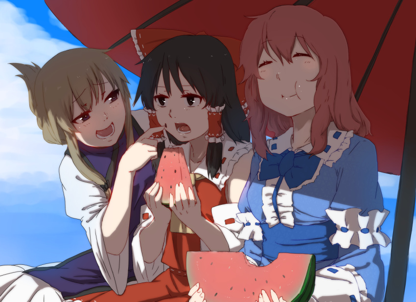 Safebooru - 3girls ^ ^ black eyes black hair bow closed eyes detached ...