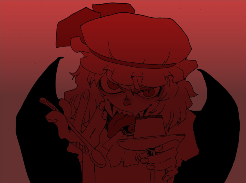Safebooru - 1girl bat wings fang hat onikobe rin open mouth pudding red ...