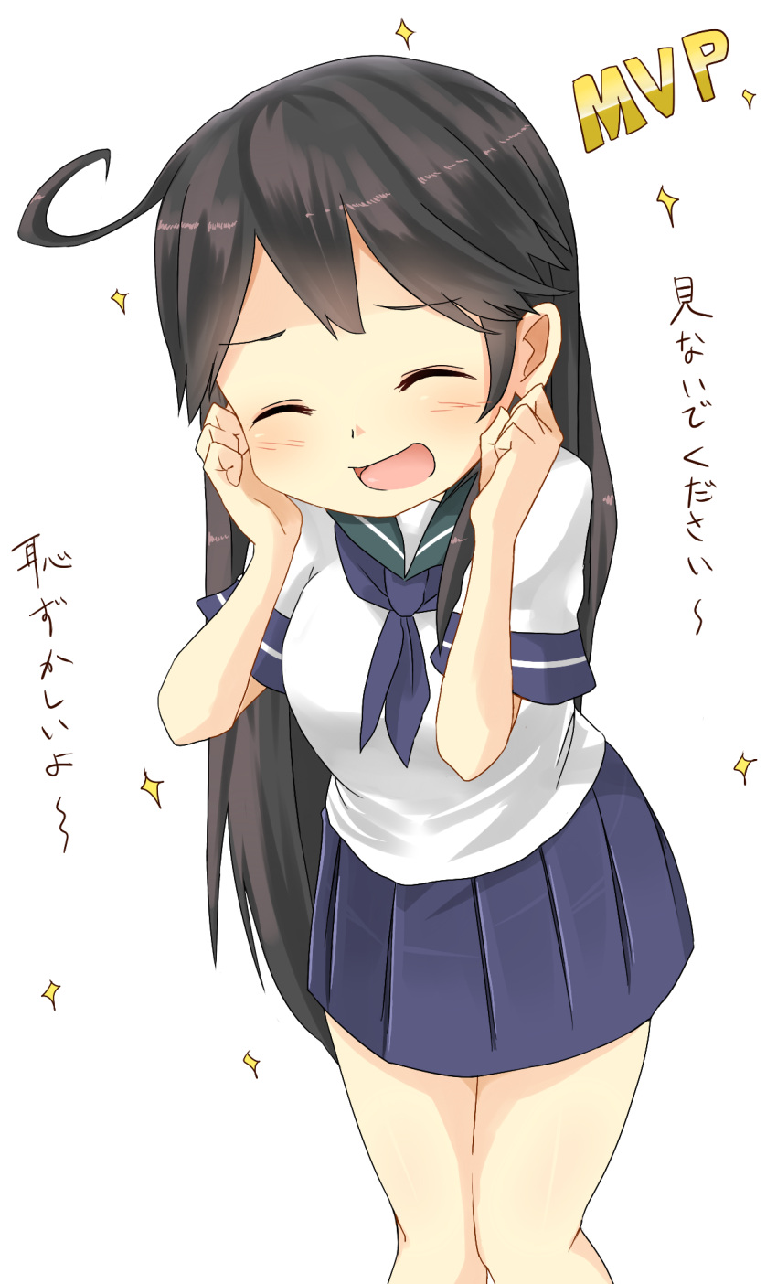 Safebooru - 1girl :d ^ ^ ahoge black hair blue skirt blush closed eyes hand on own cheek happy ...