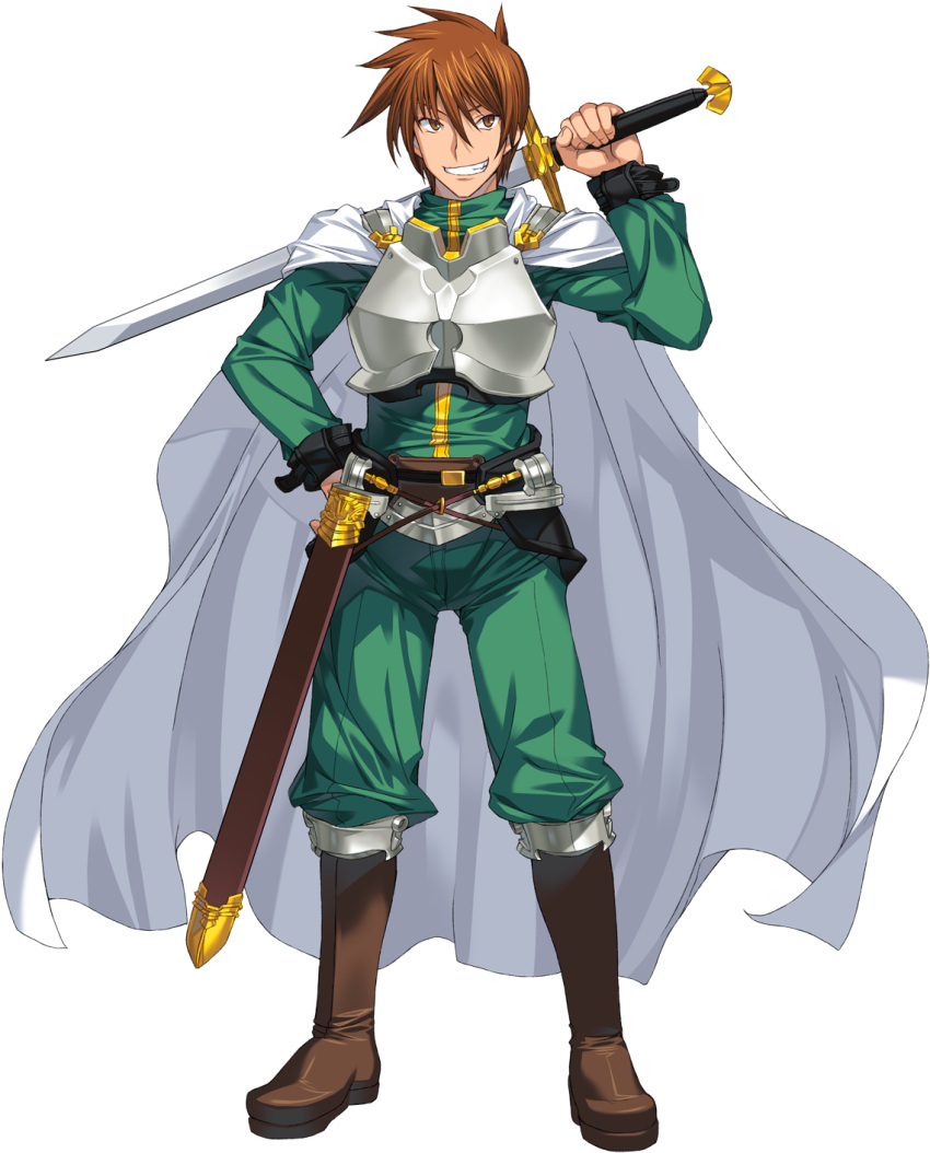 Safebooru - 1boy alicesoft armor boots brown eyes brown hair cape grin ...