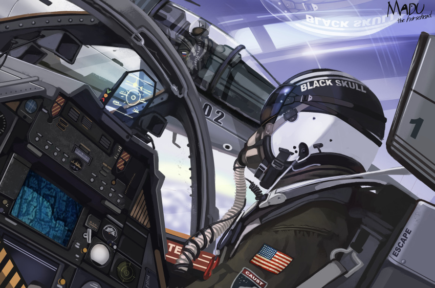 Safebooru - 2boys american flag clouds cockpit computer screen english ...