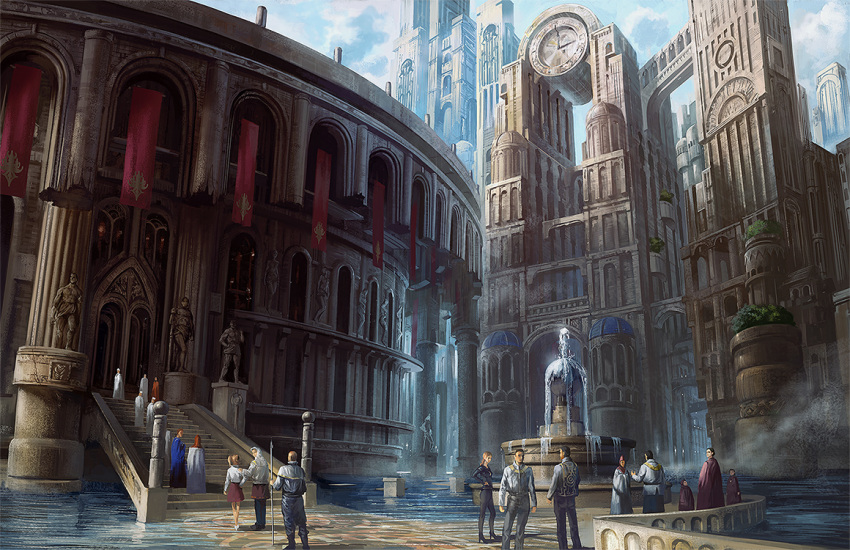 Safebooru - building clock fantasy fountain noba original scenery staff ...
