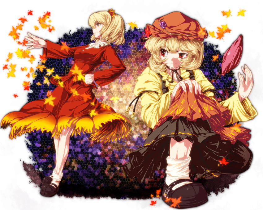 Safebooru - aki minoriko aki shizuha blonde hair hat homeless mk ii leaf leaves maple leaf ...