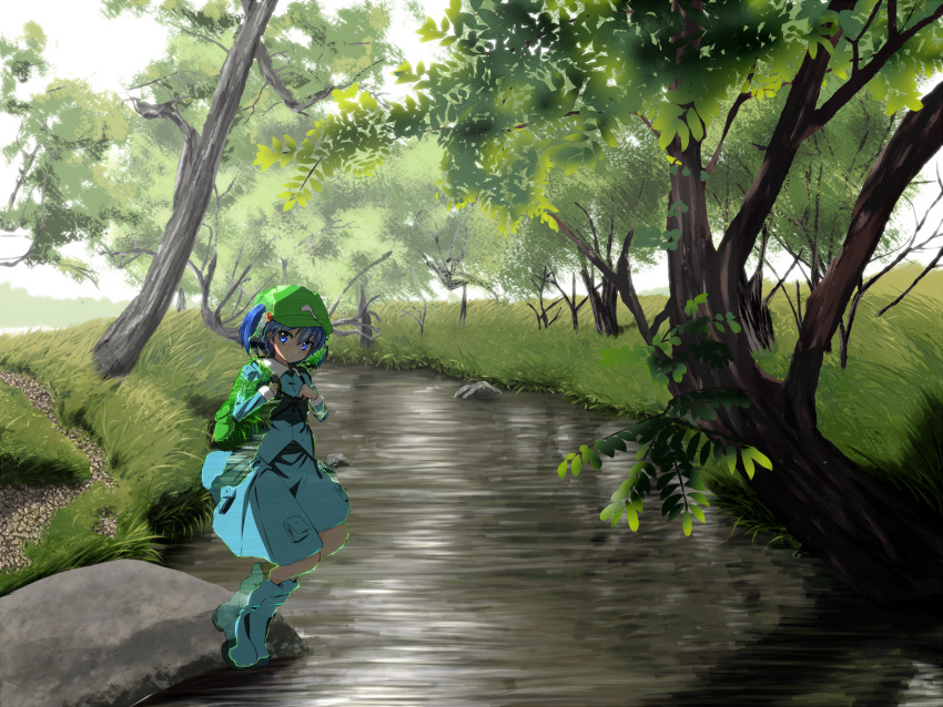 Safebooru 1girl Backpack Bag Blue Eyes Blue Hair Boots Camouflage 2787
