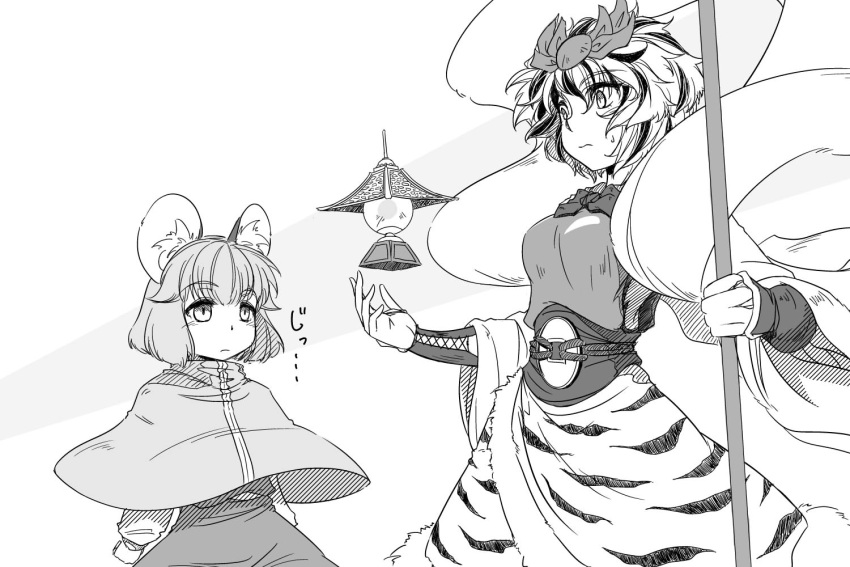 Safebooru - 2girls animal ears bishamonten's pagoda capelet hair ornament monochrome mouse ears ...