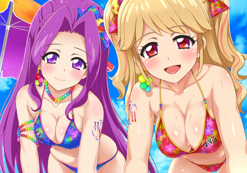 Safebooru - 2girls aikatsu! bikini blonde hair blush breasts cleavage clouds english eyelashes ...