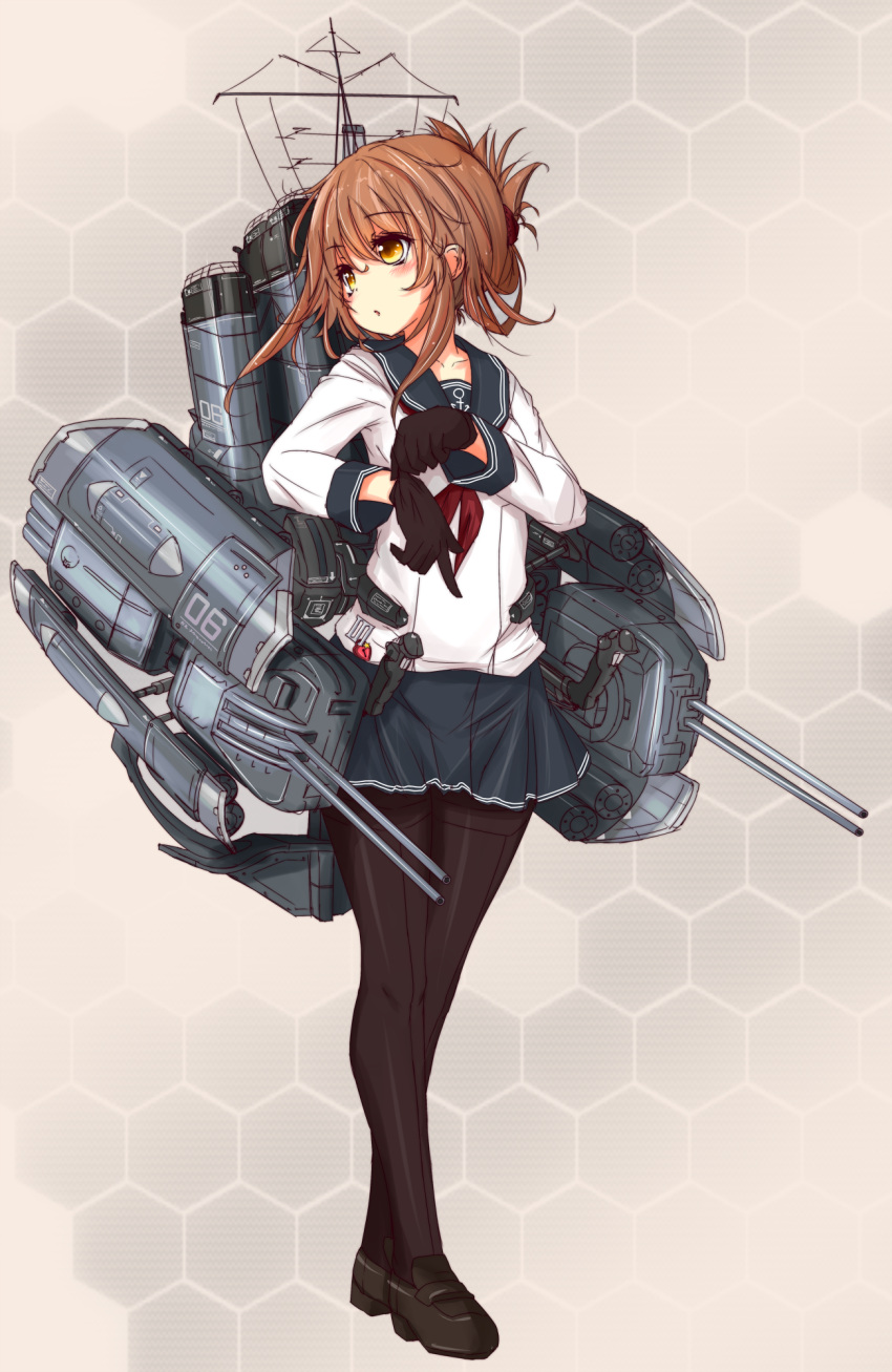 Safebooru - 1girl black gloves black legwear blush brown eyes brown hair cannon folded ponytail ...