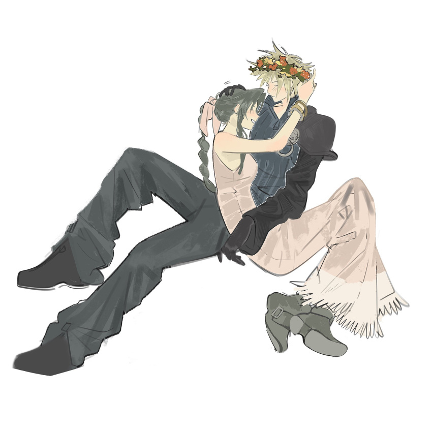 Safebooru - 1boy 1girl aerith gainsborough arm around waist armor bangle bare shoulders black ...