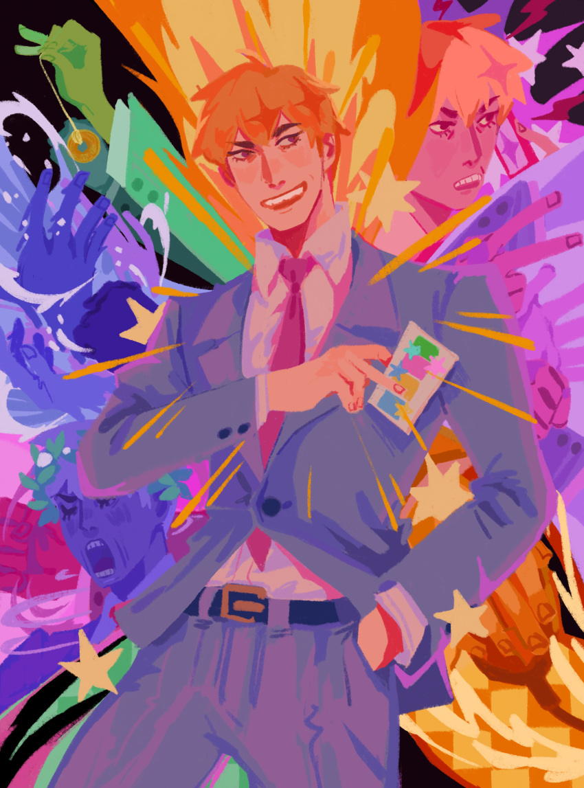 Safebooru - 1boy absurdres arm across chest arm up belt belt buckle black belt blonde hair ...