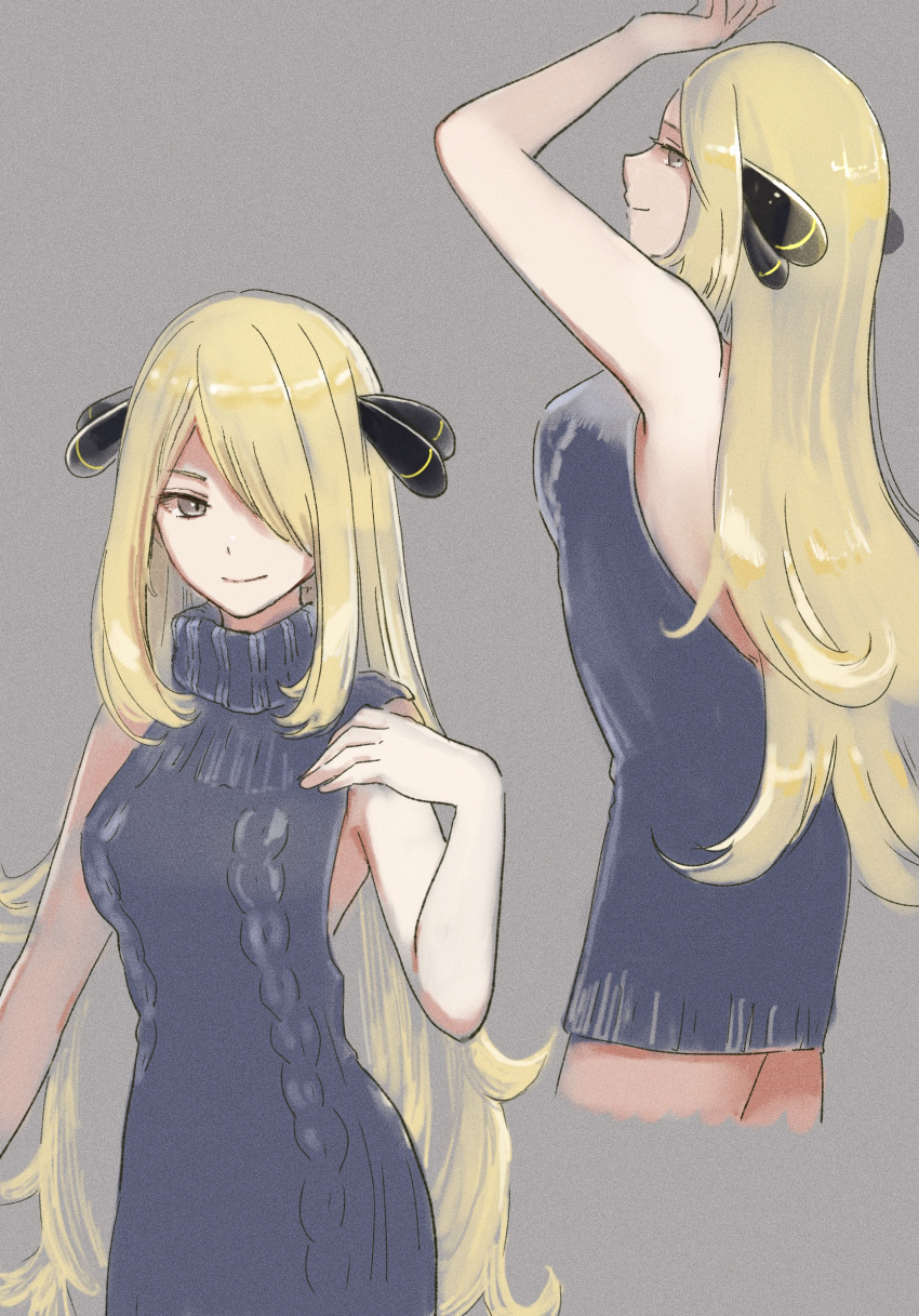 Safebooru - 1girl arm up bare back black dress blonde hair breasts cable knit closed mouth ...