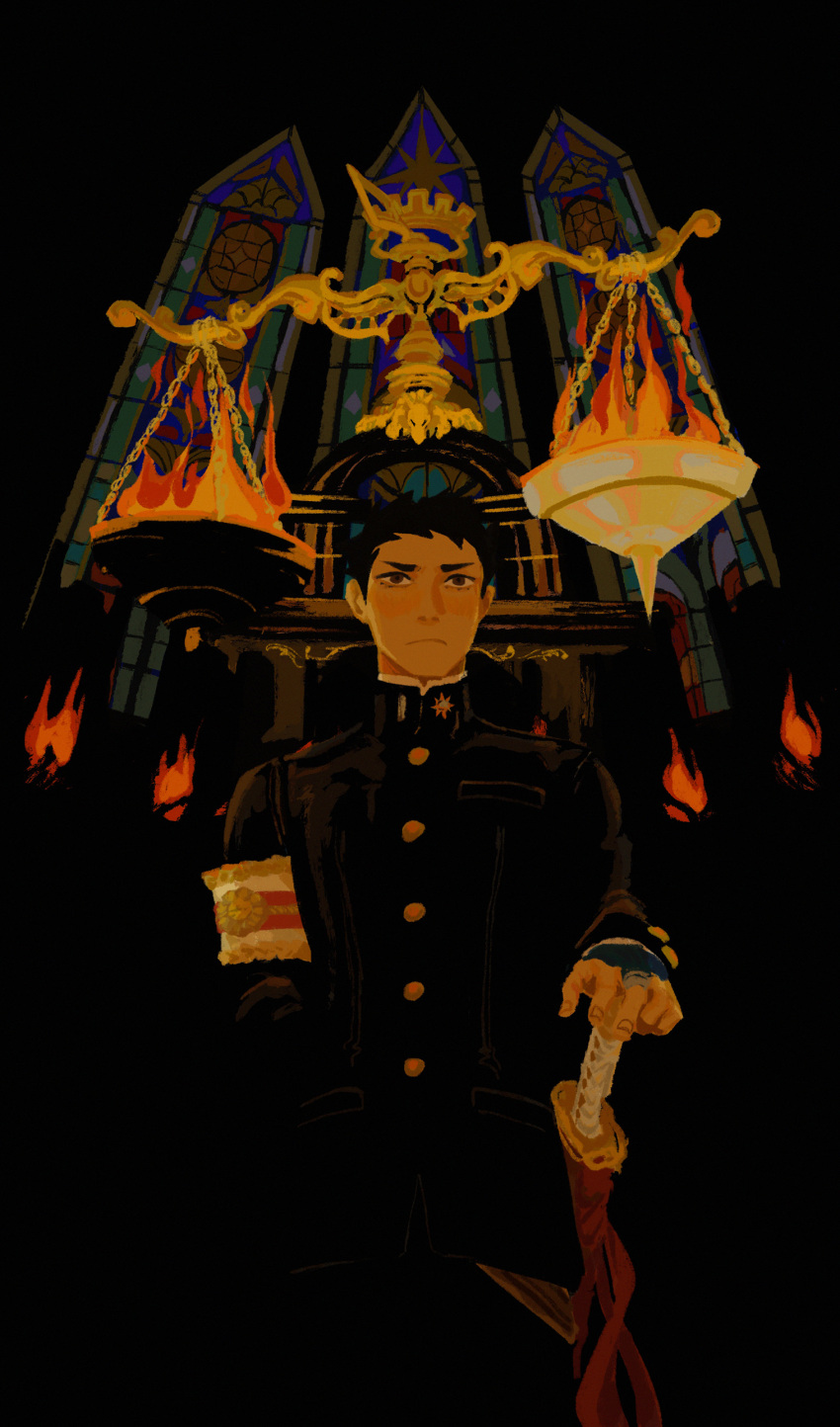 Safebooru - 1boy absurdres ace attorney armband black background black hair black jacket breast ...