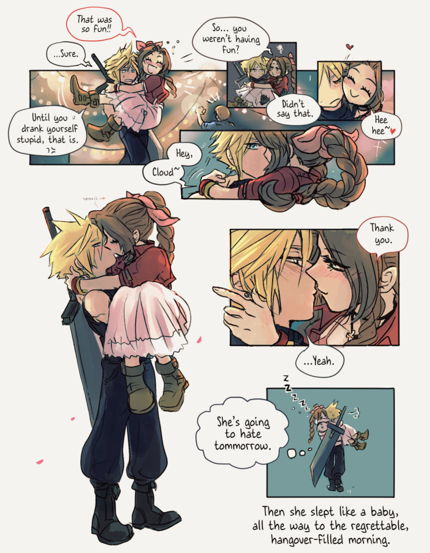 Safebooru - 1boy 1girl aerith gainsborough arms around neck baggy pants bangle black footwear ...