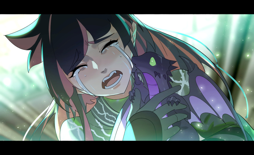 Safebooru - 1boy black hair commentary request crying dragon fangs fishee (fisheem4mmal) holding ...