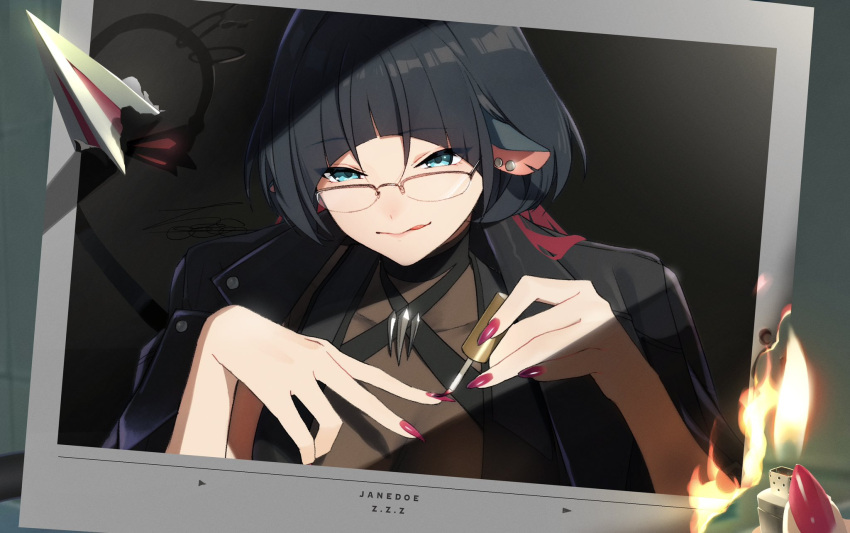Safebooru - 1girl :p animal ears black hair black jacket blunt bangs ...