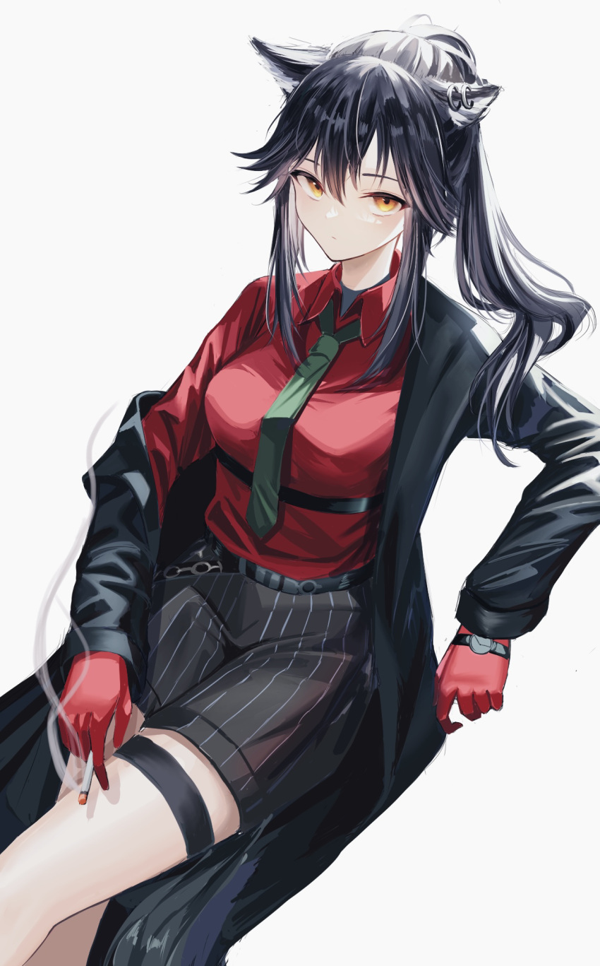 Safebooru - 1girl animal ears arknights belt chain black hair black jacket black shorts breasts ...