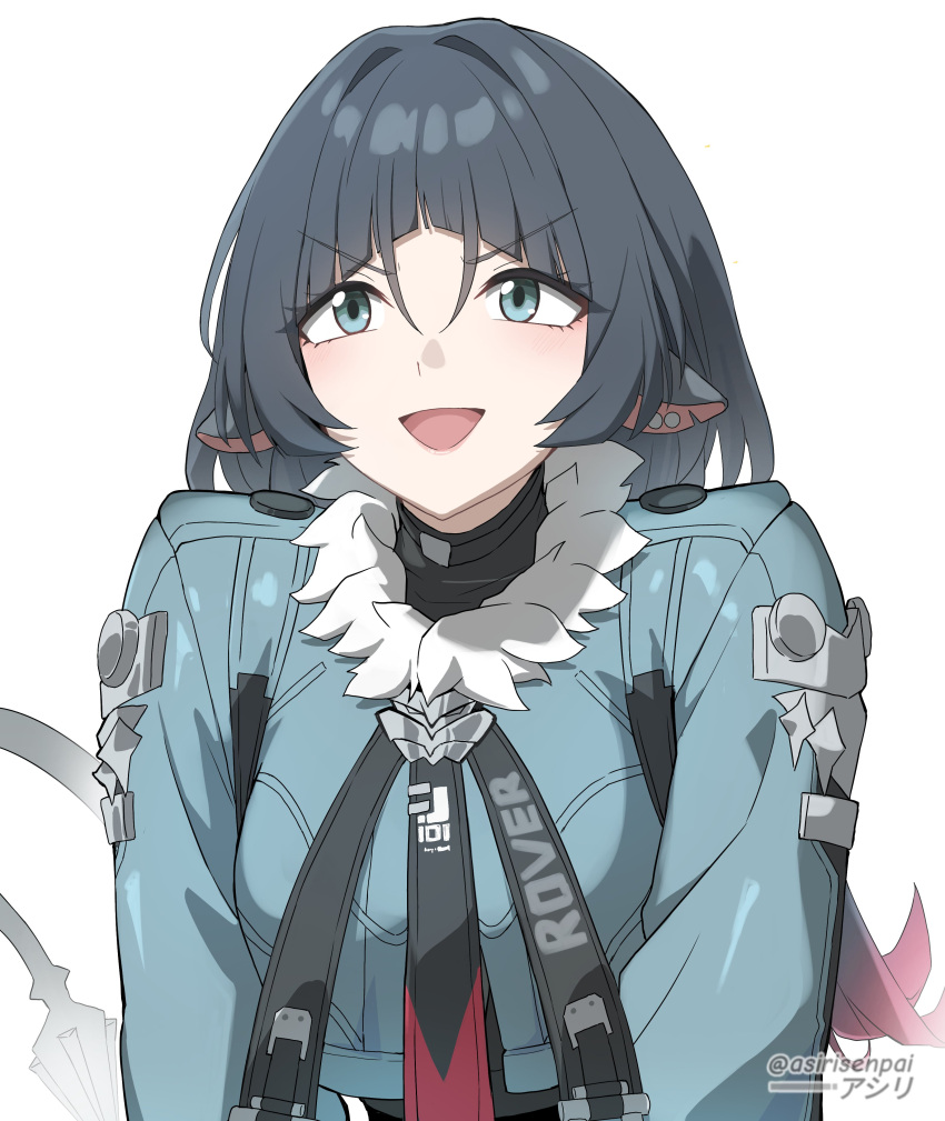 Safebooru - 1girl :d absurdres asiri senpai black hair blue eyes blue jacket blunt bangs english ...