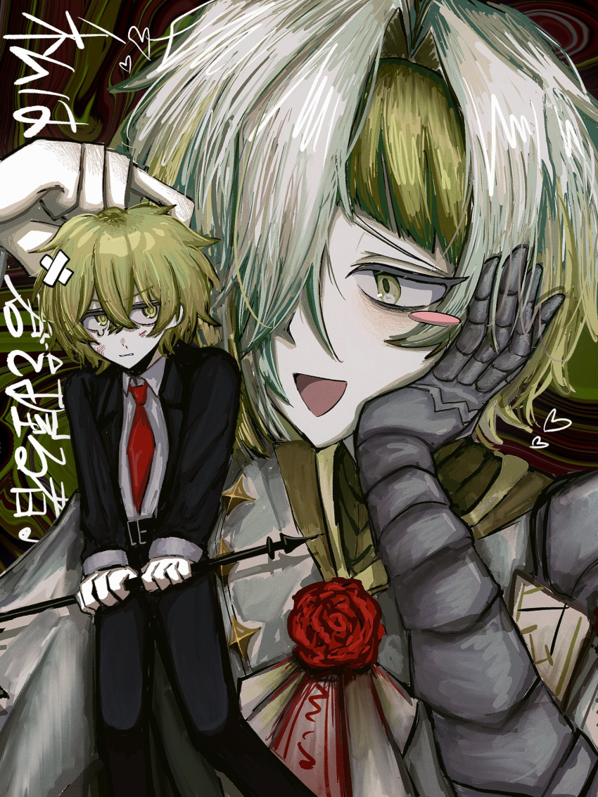 Safebooru - 1boy 1girl ascot belt black suit blonde hair chibi flower ...