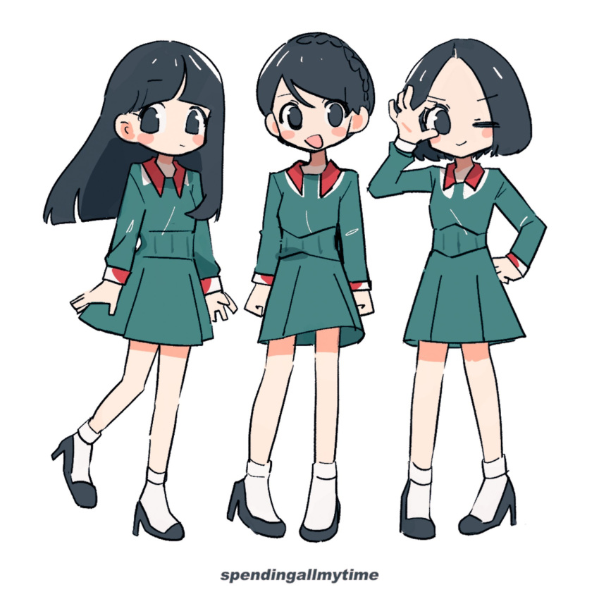 Safebooru - 3girls :d black eyes black footwear black hair blush closed mouth dress green jacket ...