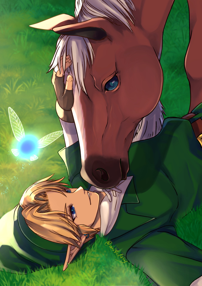 Safebooru - 1boy absurdres blonde hair blue eyes brown gloves earrings epona fairy fingerless ...