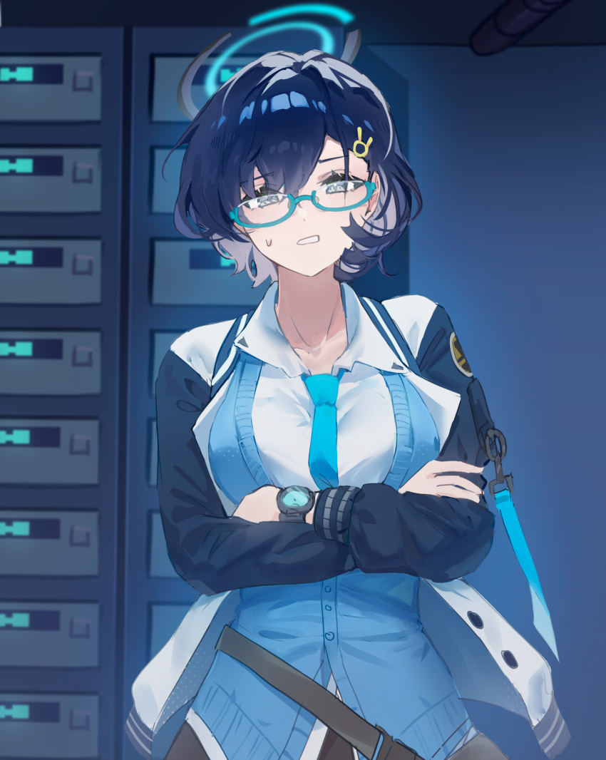 Safebooru - 1girl absurdres aqua-framed eyewear bloom muchi blue archive blue cardigan blue hair ...