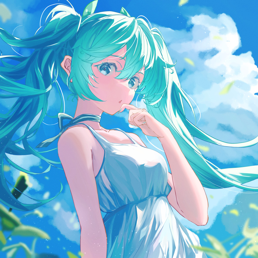 Safebooru - 1girl :o absurdres alternate costume aqua hair aqua nails arm at side bare shoulders ...