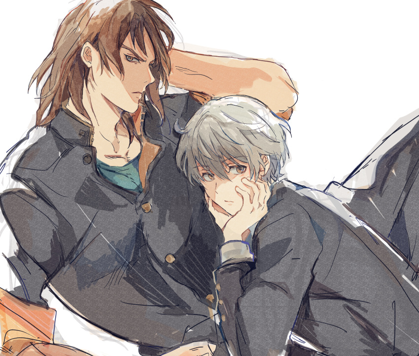 Safebooru - 2boys absurdres arm up brown eyes brown hair gakuran grey ...