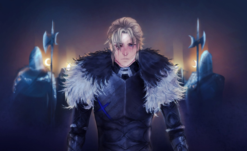 Safebooru - 1boy armor armored gloves black armor black fur blackteachai blonde hair blue eyes ...