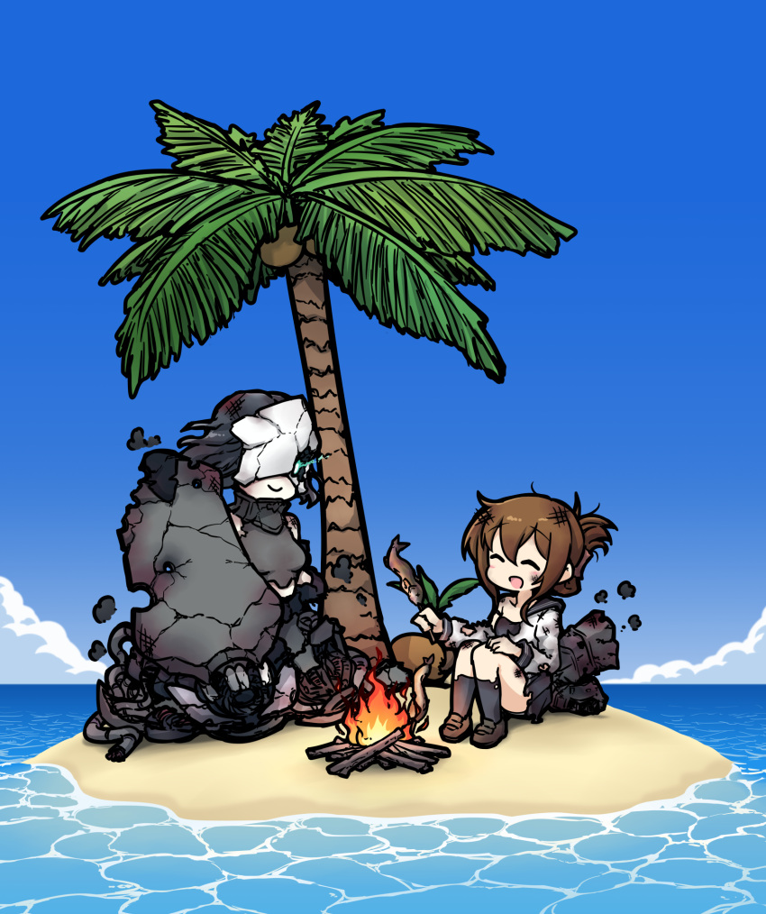 Safebooru - 2girls abyssal ship battle damage black hair bonfire brown ...