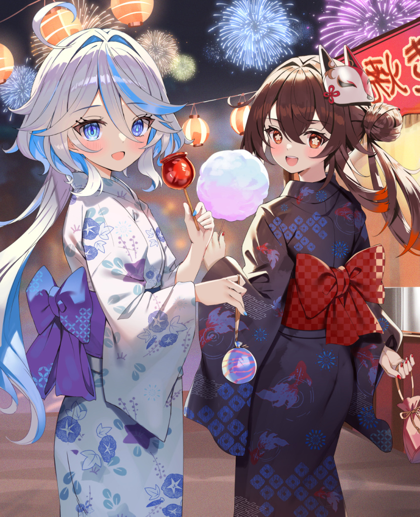 Safebooru - 2girls aerial fireworks alternate costume black kimono blue eyes blue nails blue ...