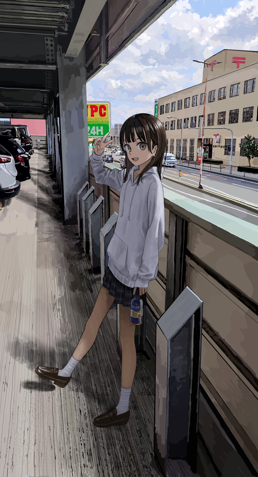 Safebooru - 05tai mono 1girl absurdres blue sky brown eyes brown hair day highres looking at ...