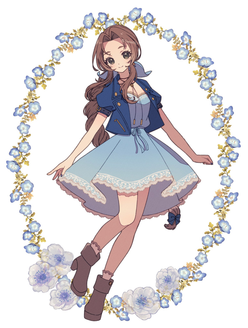 Safebooru - 1girl aerith gainsborough alternate costume blue dress blue flower blue jacket blue ...
