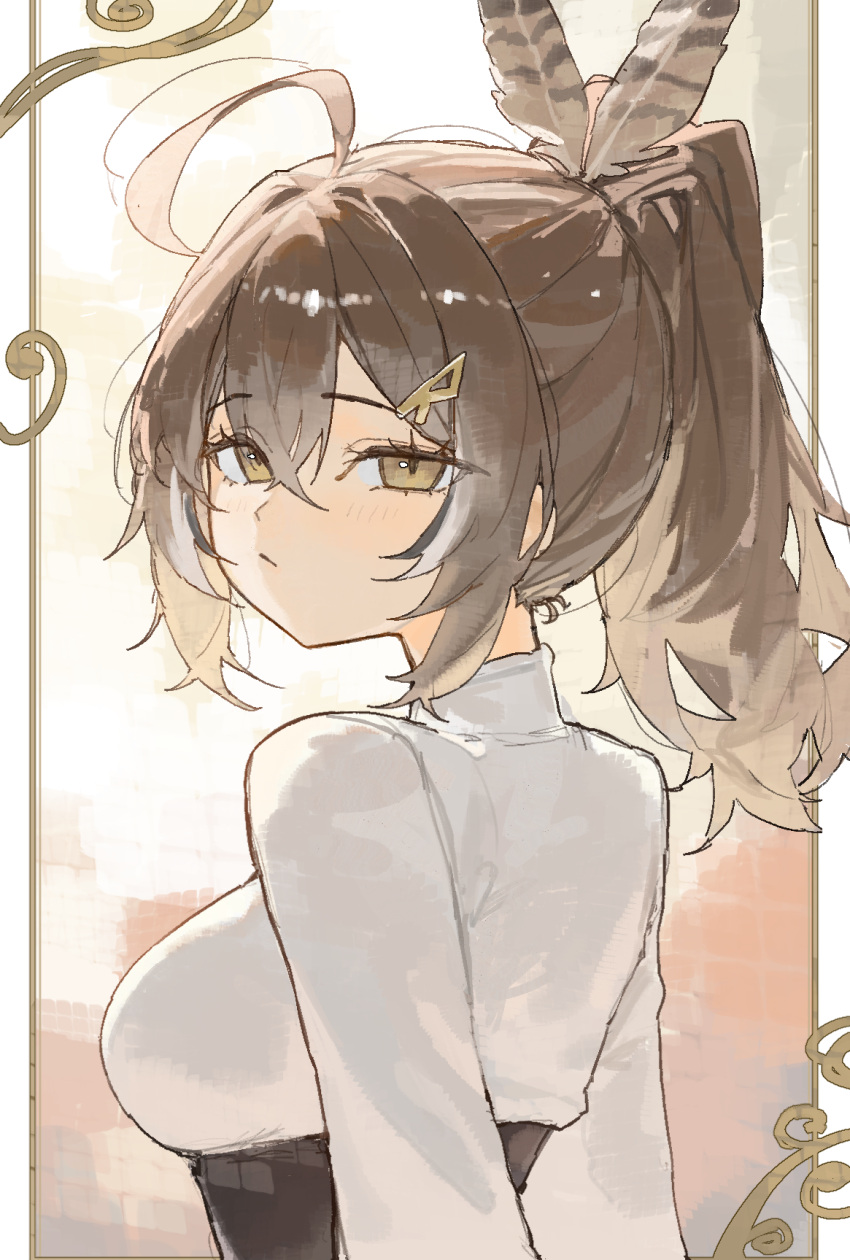 Safebooru - 1girl ahoge arch 05x black hair breasts brown corset brown eyes brown hair corset ...