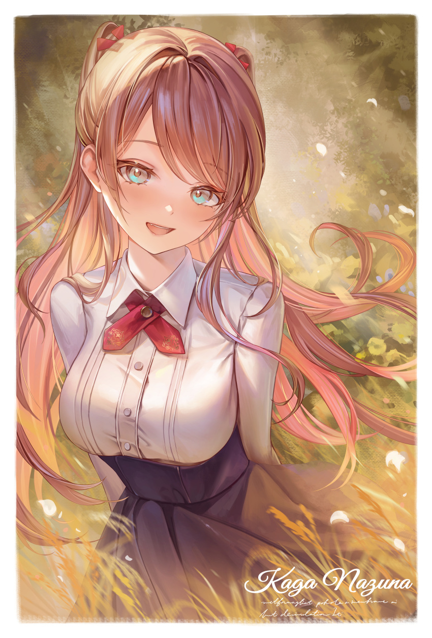 Safebooru - 1girl :d absurdres arms behind back black skirt blue eyes border bow brown hair ...