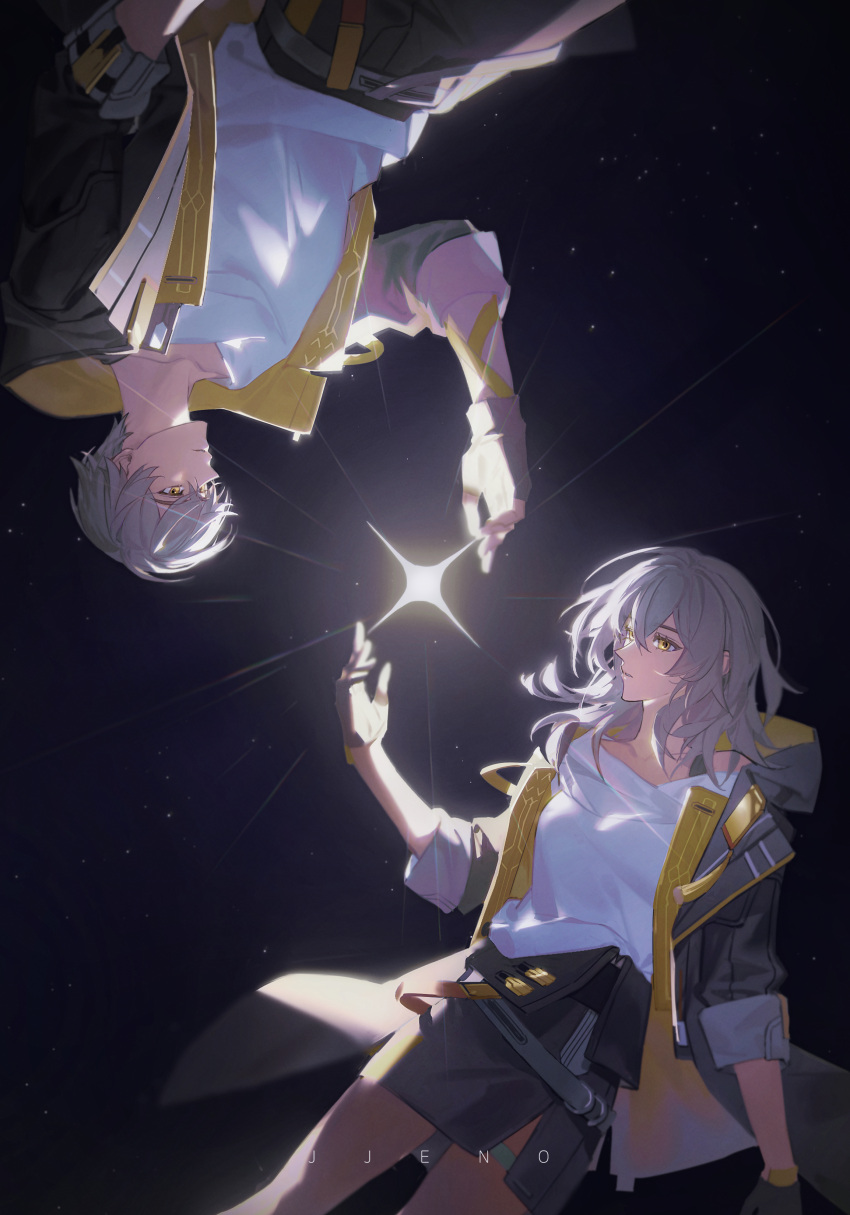 Safebooru - 1boy 1girl absurdres arm ribbon belt black coat black gloves black pants black skirt ...