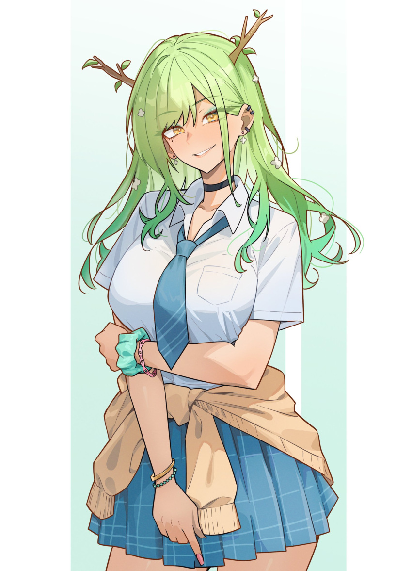 Safebooru - 1girl absurdres alternate costume antlers black choker blue necktie blue scrunchie ...