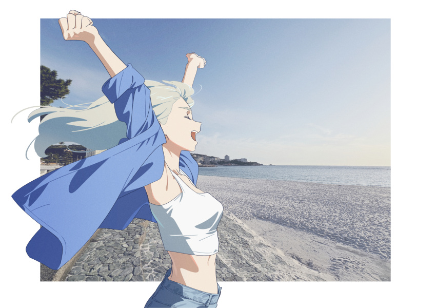 Safebooru 1girl Armpits Blue Jacket Breasts Clenched Hands Commentary 9410