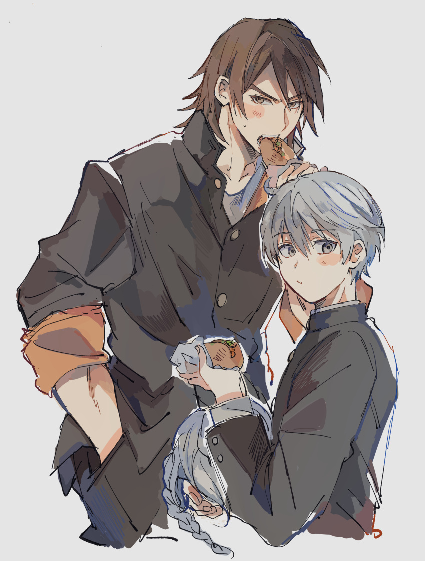 Safebooru - 2boys absurdres blush brown eyes brown hair eating food ...