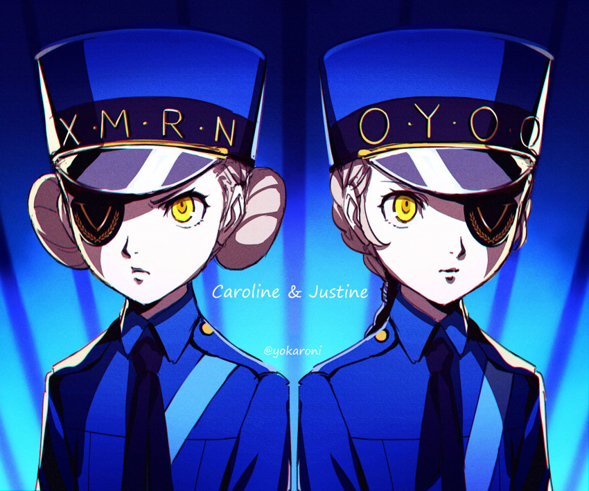 Safebooru - 2girls black necktie blue hat blue shirt caroline (persona ...