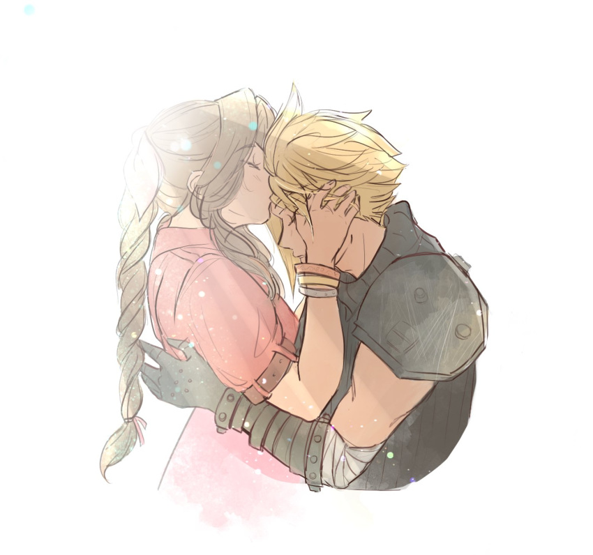 Safebooru - 1boy 1girl aerith gainsborough arm around back armor bandaged arm bandages bangle ...