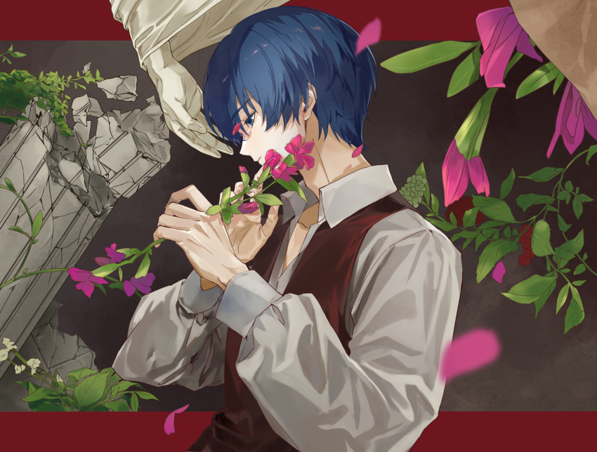 Safebooru - 1boy arms up blue eyes blue hair broken pillar closed mouth ...