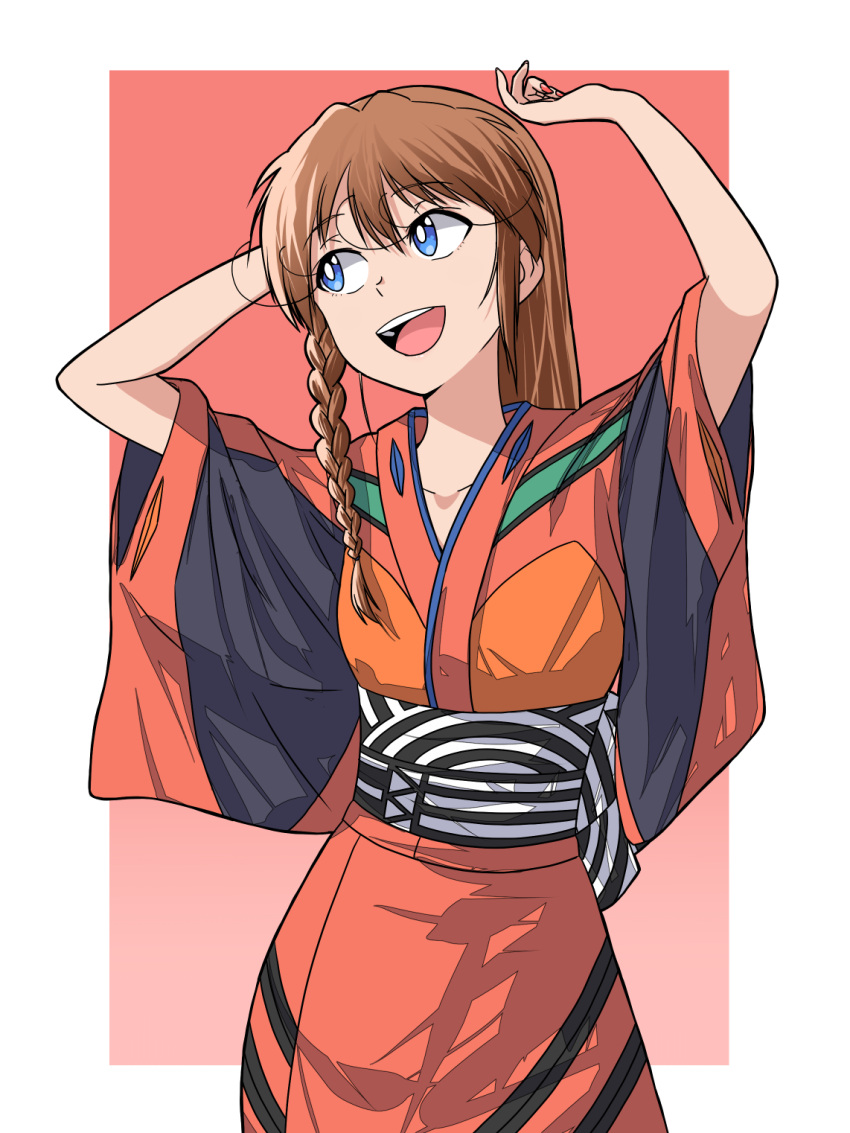 Safebooru - 1girl arms up blue eyes border braid highres japanese ...