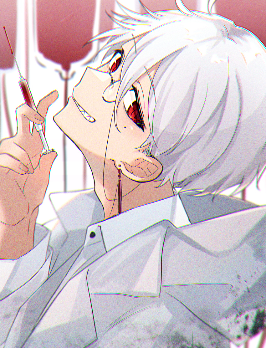 Safebooru - 1boy absurdres blood chromatic aberration coat commentary earrings english ...