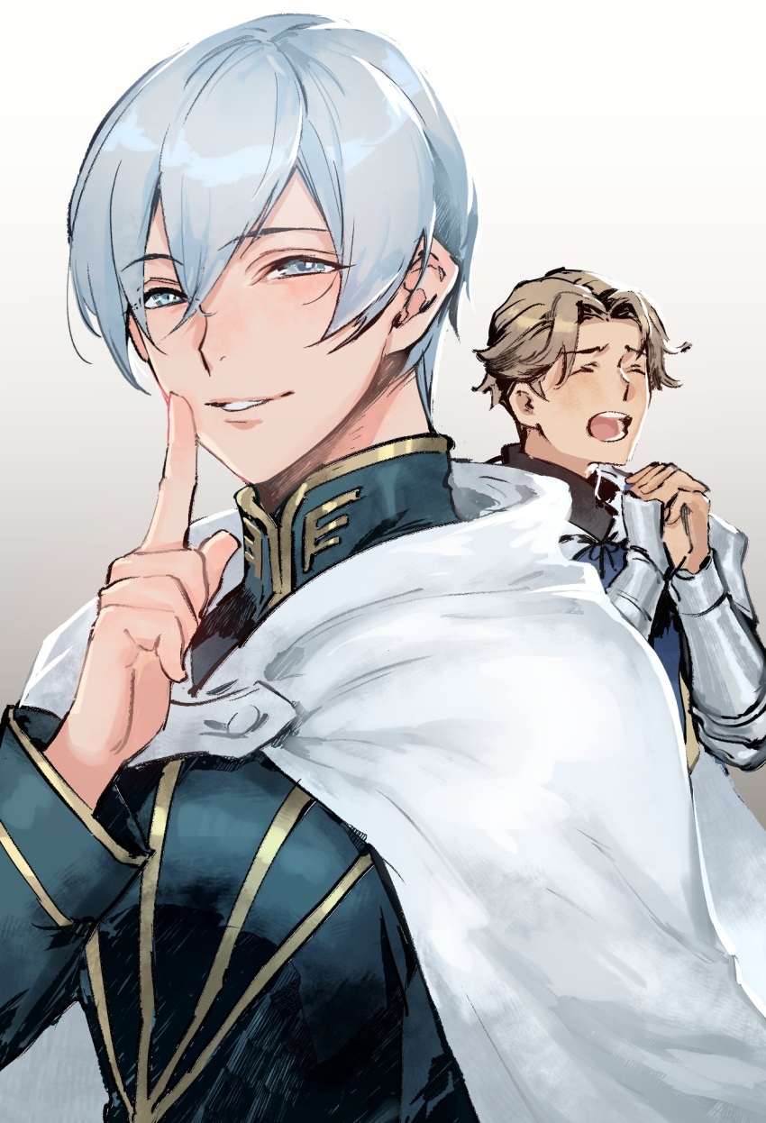 Safebooru - 2boys arm up armor arms up blue shirt brown hair cloak ...