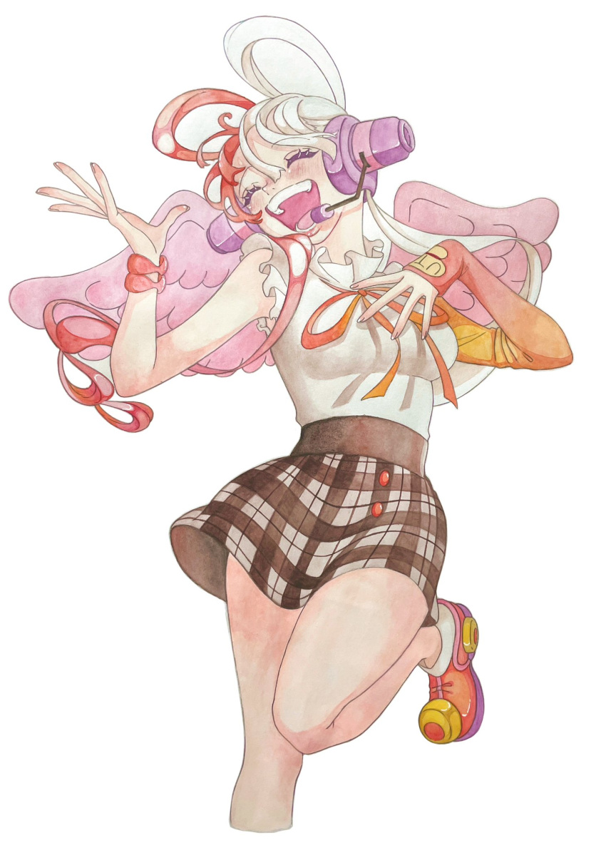 Safebooru - 1boy bare legs blush checkered clothes checkered skirt closed eyes elbow gloves ...