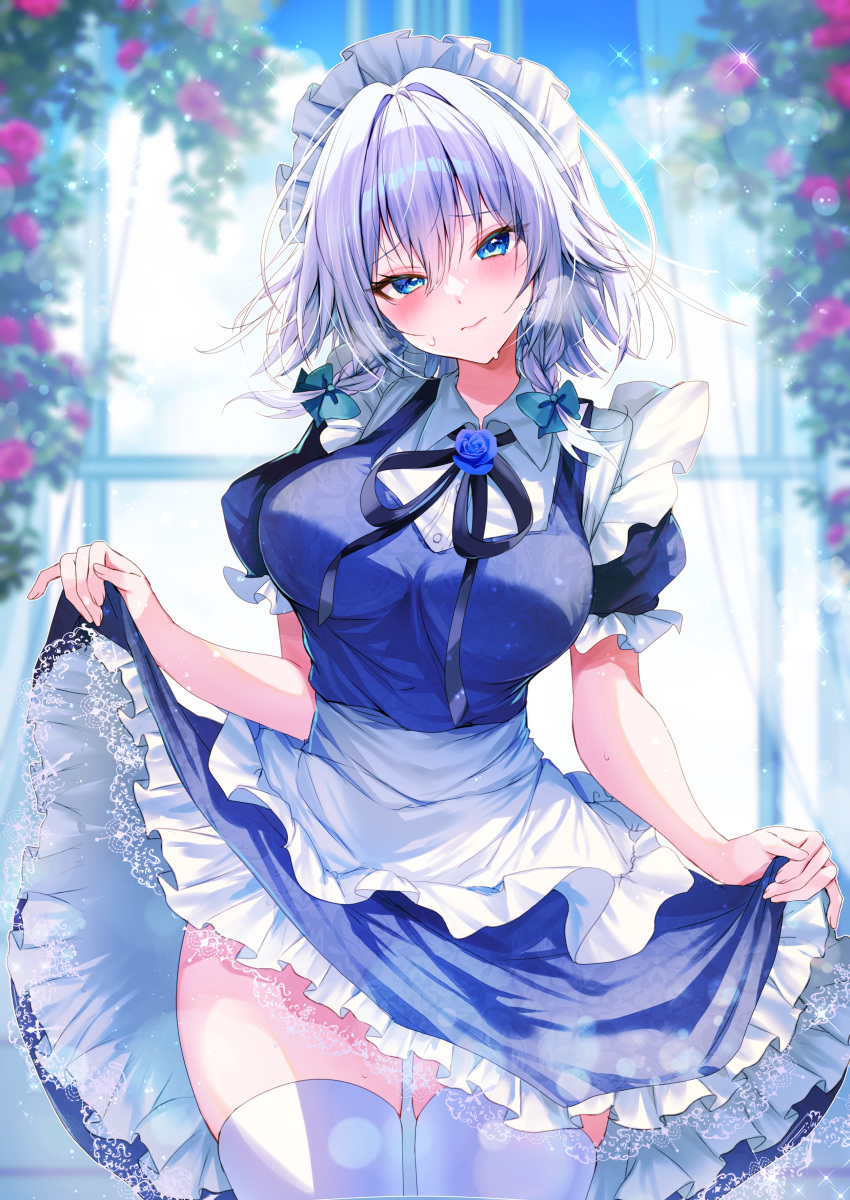 Safebooru - 1girl absurdres apron arched bangs black ribbon blue dress blue eyes blue flower ...