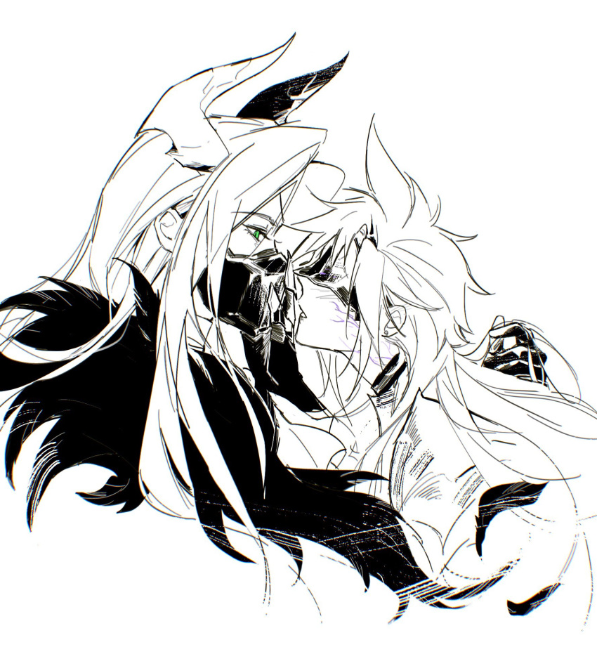 Safebooru - 2girls black feathers blindfold cloud strife cloud strife (bahamut garb) demon horns ...