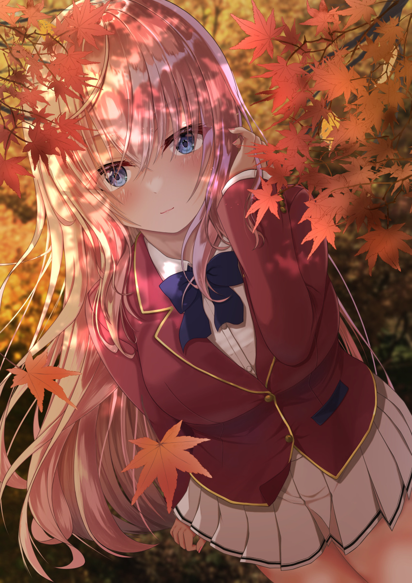 Safebooru - 1girl absurdres advanced nurturing high school uniform autumn leaves blazer blue ...