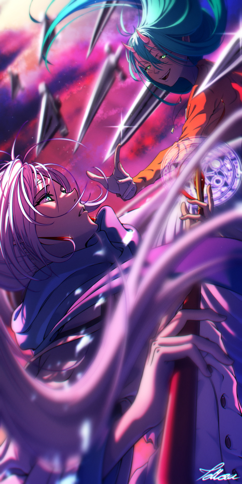 Safebooru - 2girls absurdres blue scarf coat demon demon girl demon ...