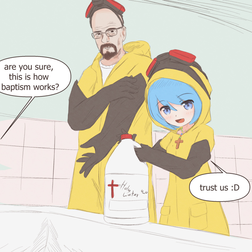 Safebooru - 1boy 1girl :d :| bald bathtub beard black gloves blue eyes blue hair breaking bad ...